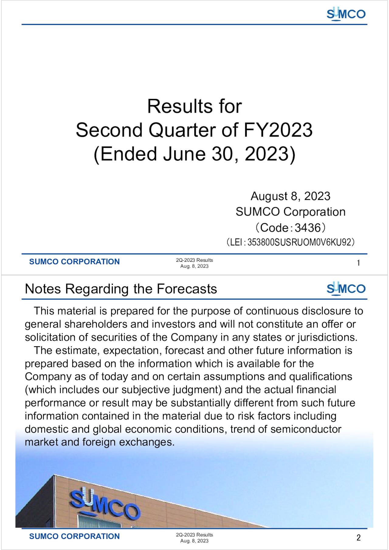Sumco Corporation 2023 Q2 - Results - Earnings Call Presentation (OTCMKTS:SUMCF) | Seeking Alpha