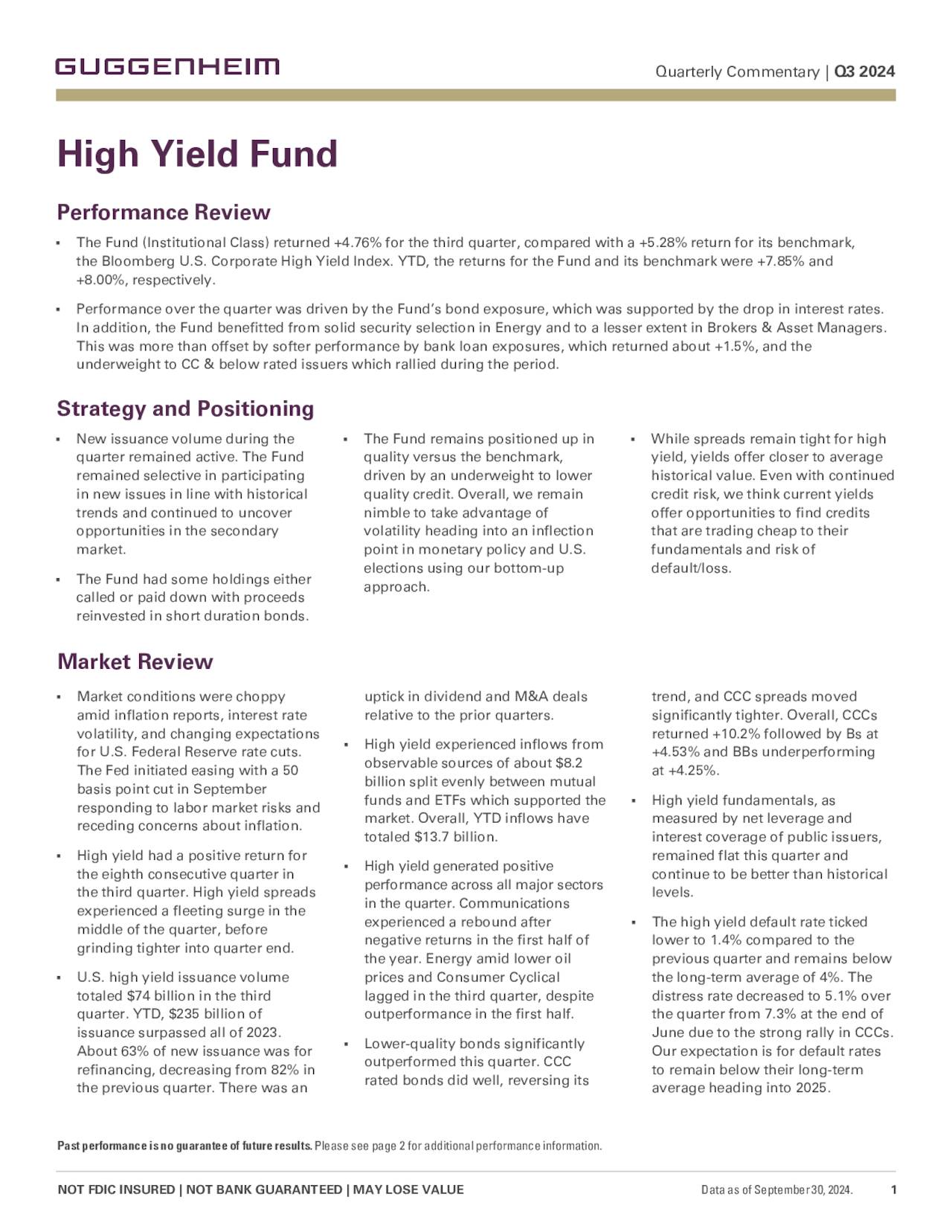 Guggenheim High Yield Fund Q3 2024 Commentary (GHYIX) | Seeking Alpha