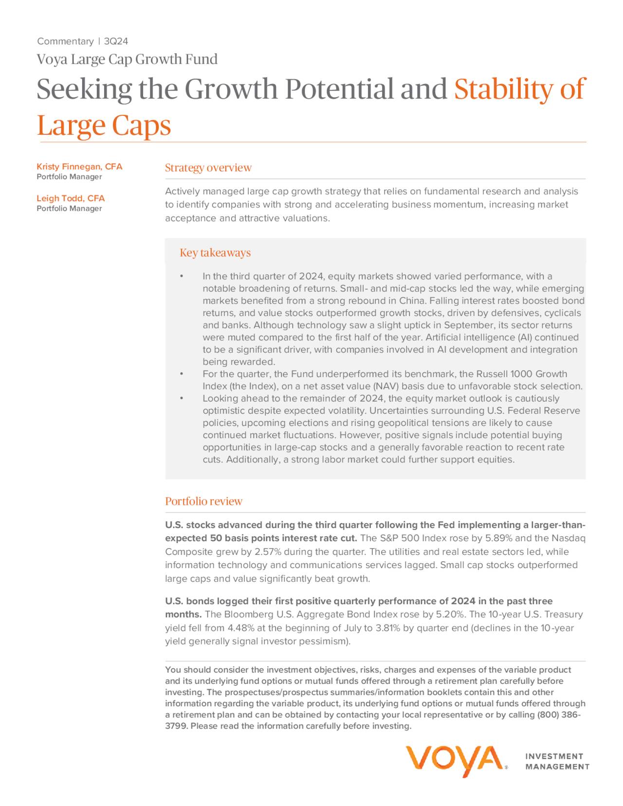 Voya Large Cap Growth Fund Q3 2024 Commentary (Mutual Fund:PLCIX ...