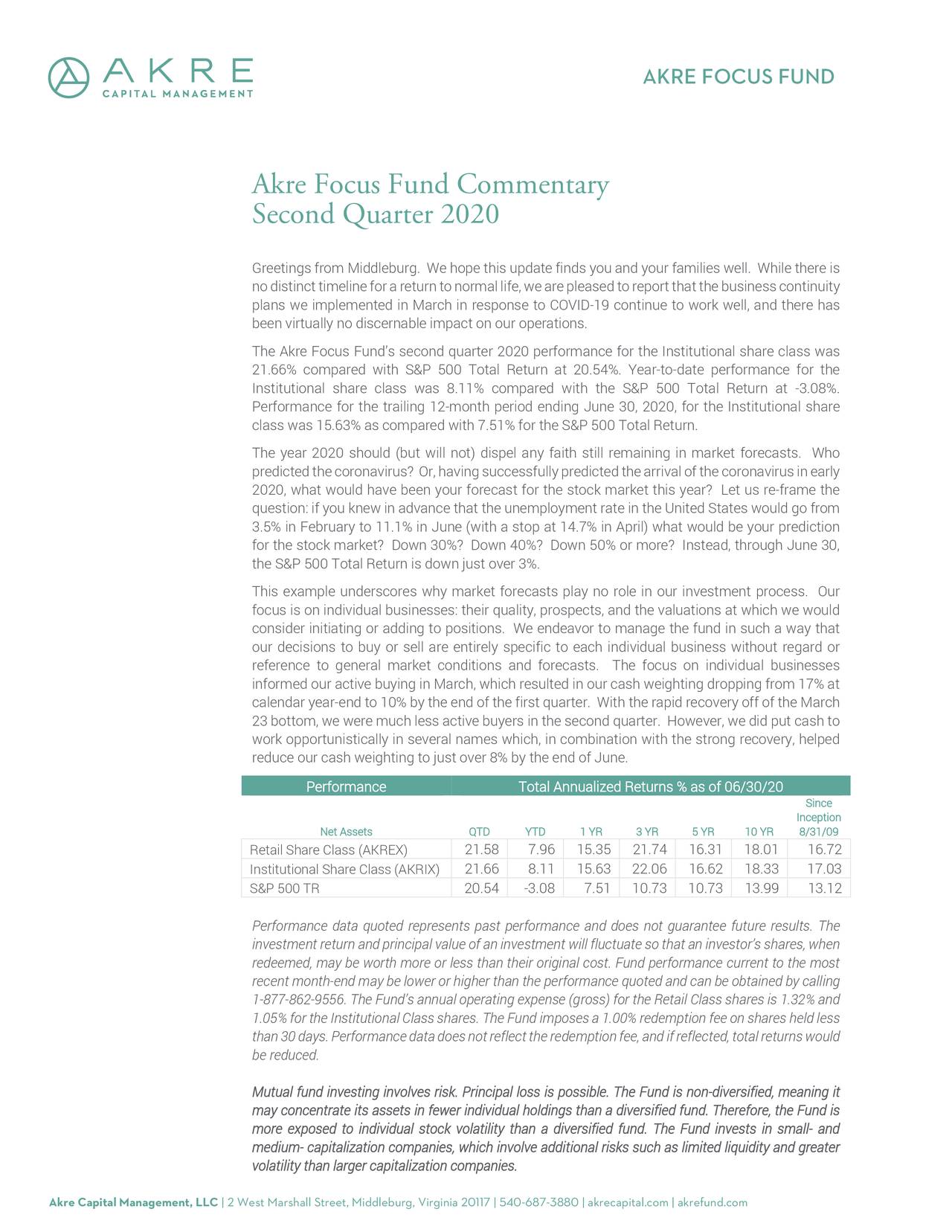 Akre Focus Fund Commentary - Q2 2020 (MUTF:AKREX) | Seeking Alpha