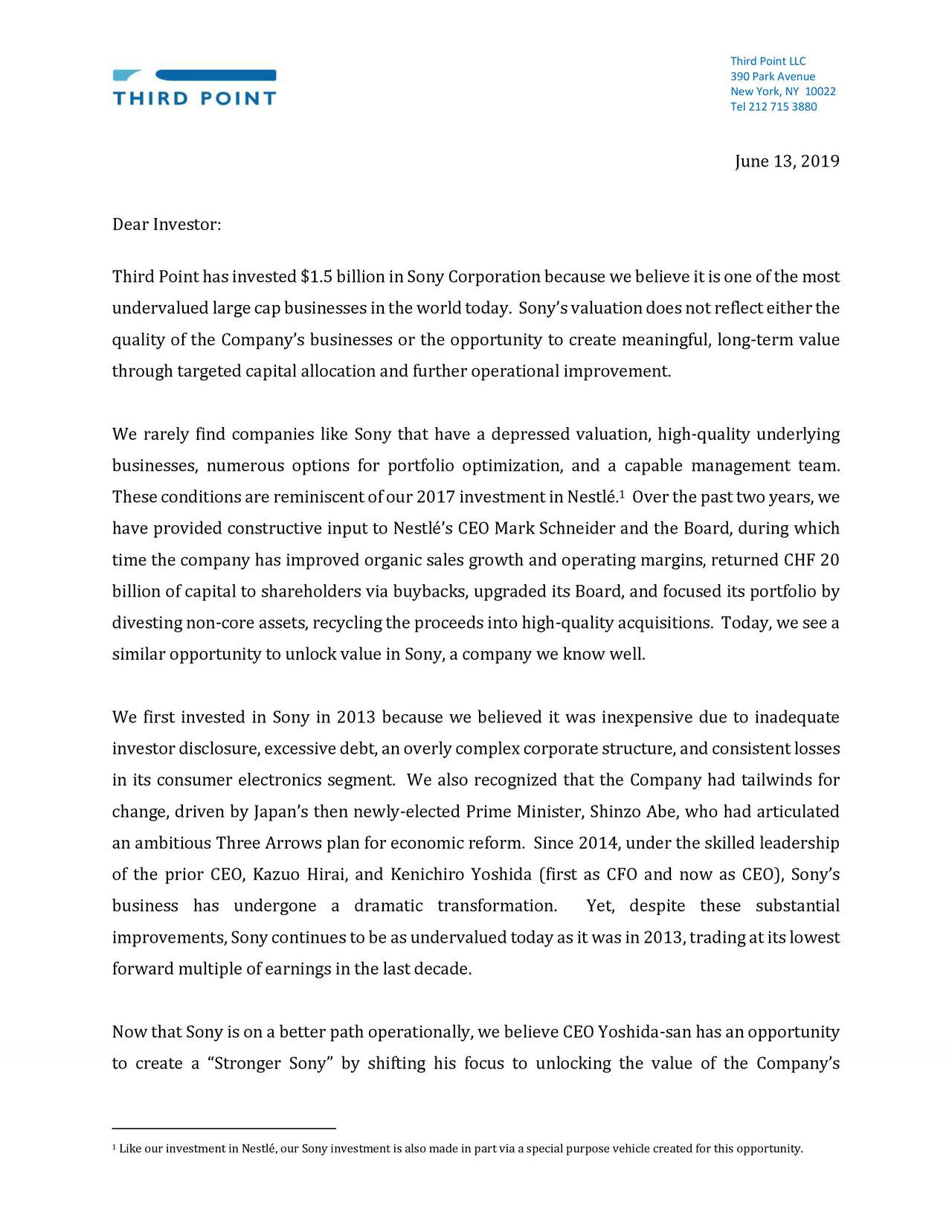Third Point Investor Letter - A Stronger Sony | Seeking Alpha