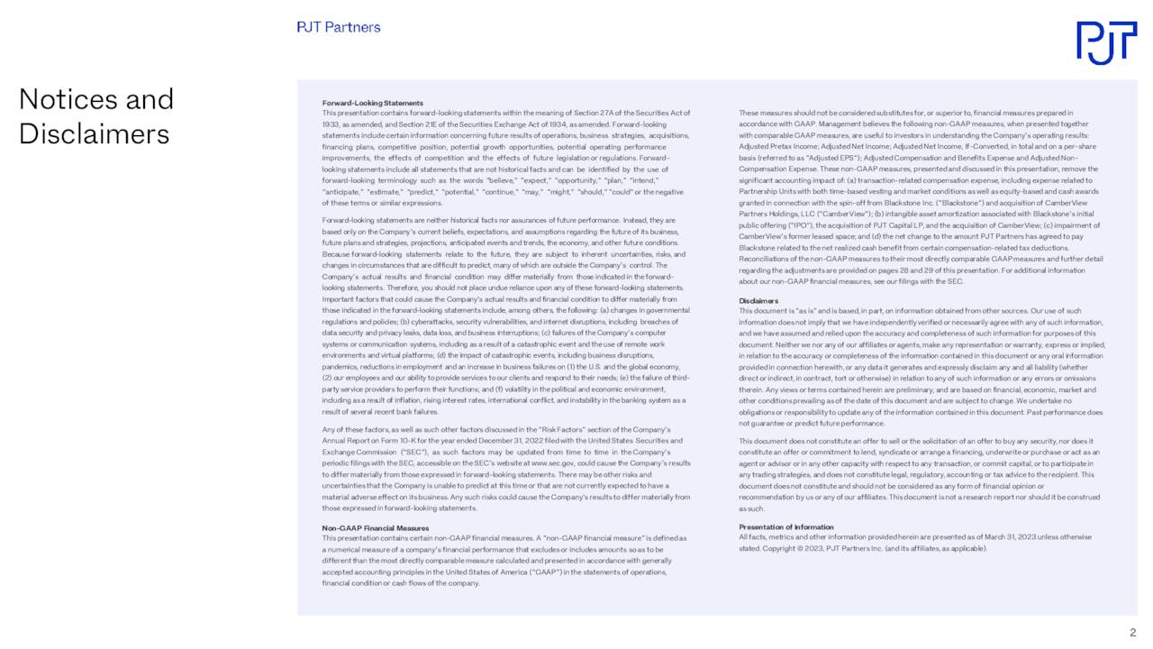 PJT Partners Inc. 2023 Q1 - Results - Earnings Call Presentation (NYSE ...