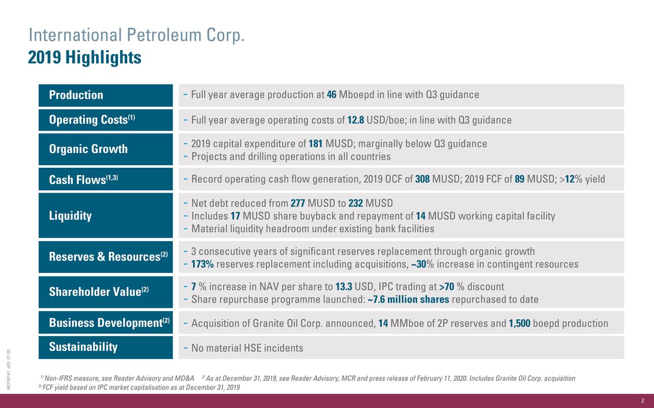 International Petroleum Corporation 2019 Q4 - Results - Earnings Call Presentation (OTCMKTS ...