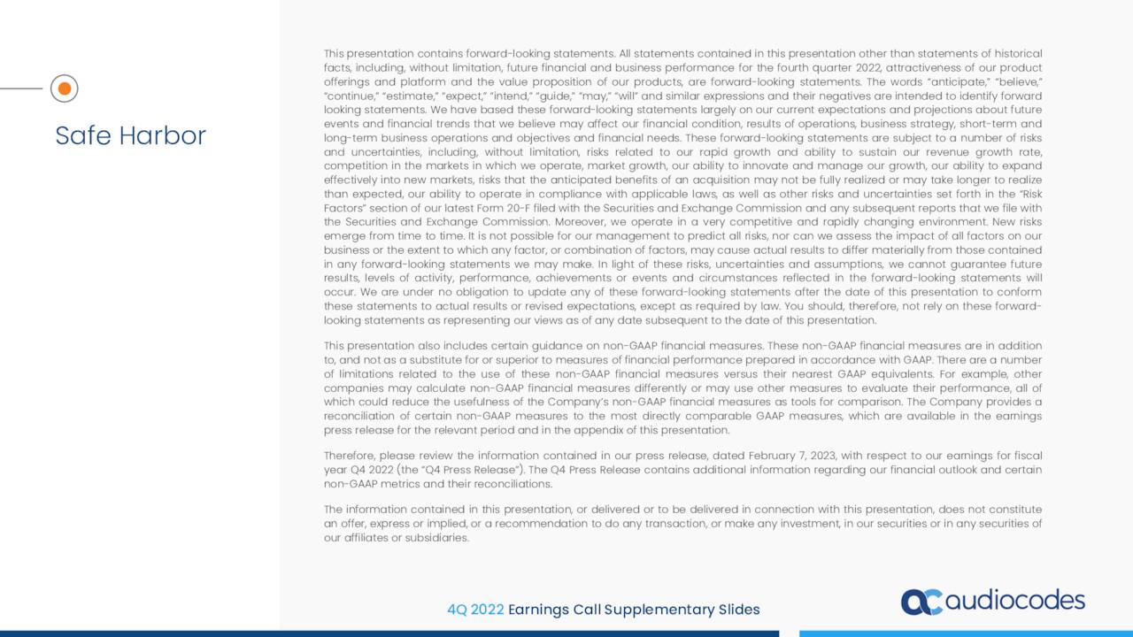 AudioCodes Ltd. 2022 Q4 - Results - Earnings Call Presentation (NASDAQ:AUDC) | Seeking Alpha