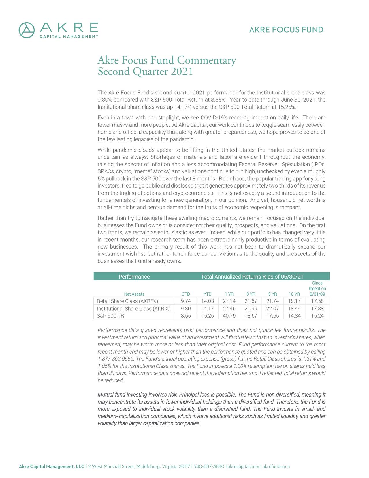 Akre Focus Fund Commentary Q2 2021 | Seeking Alpha