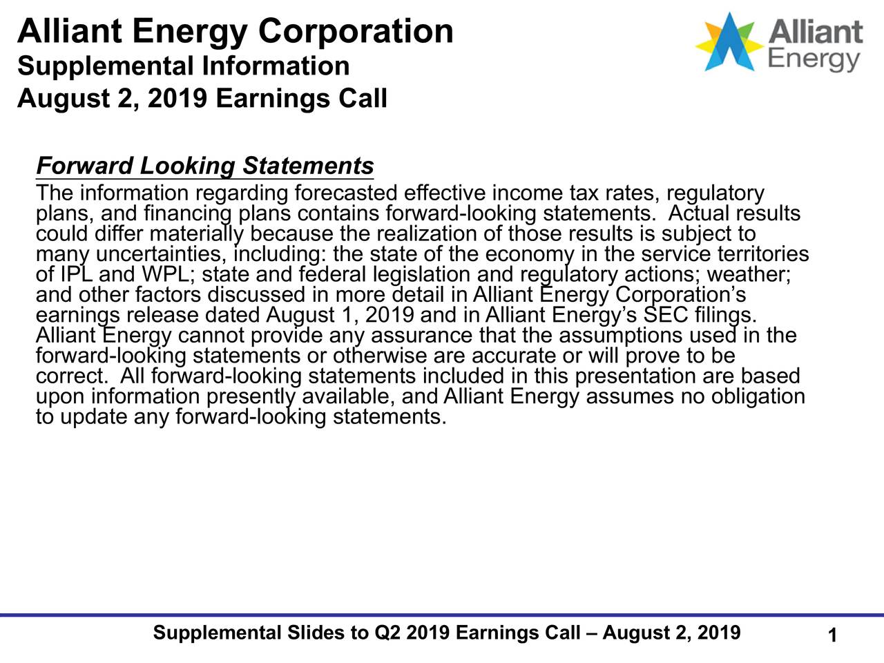Alliant Energy Corporation 2019 Q2 - Results - Earnings Call Slides ...