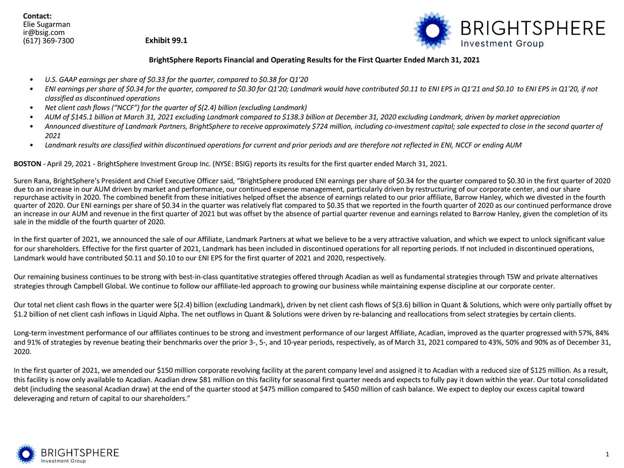 BrightSphere Investment Group Inc. 2021 Q1 - Results - Earnings Call ...