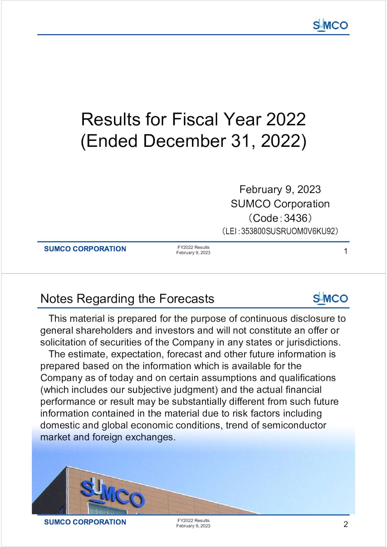 Sumco Corporation 2022 Q4 - Results - Earnings Call Presentation (OTCMKTS:SUMCF) | Seeking Alpha