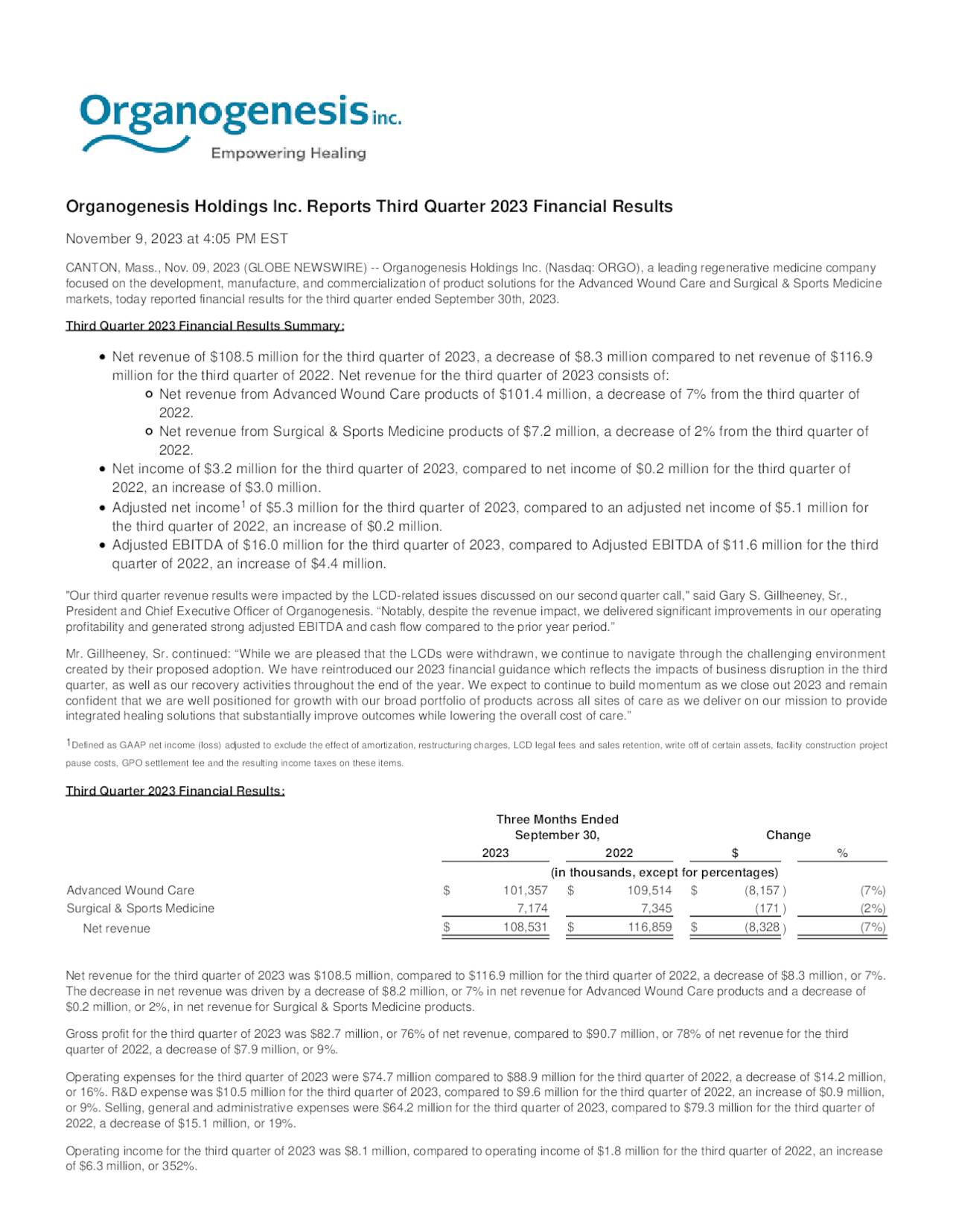 Organogenesis Holdings Inc. 2023 Q3 - Results - Earnings Call ...